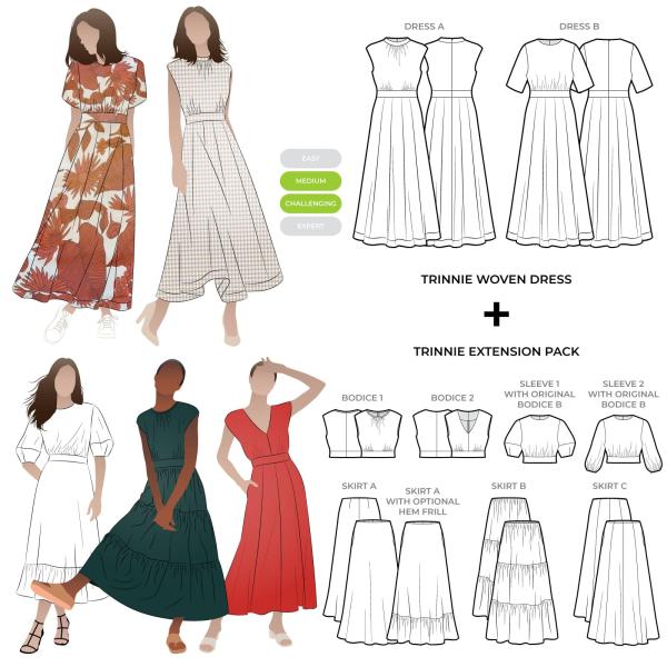 ・This discounted sewing pattern bundle from Style Arc includes the ever popular Trinnie Woven Dress pattern plus an Exte...