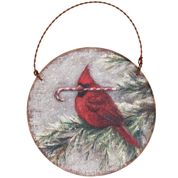 ・DECORATIVE ORNAMENT: Wooden ornament displaying a colorful seasonal design with coordinating red color on the sides and...
