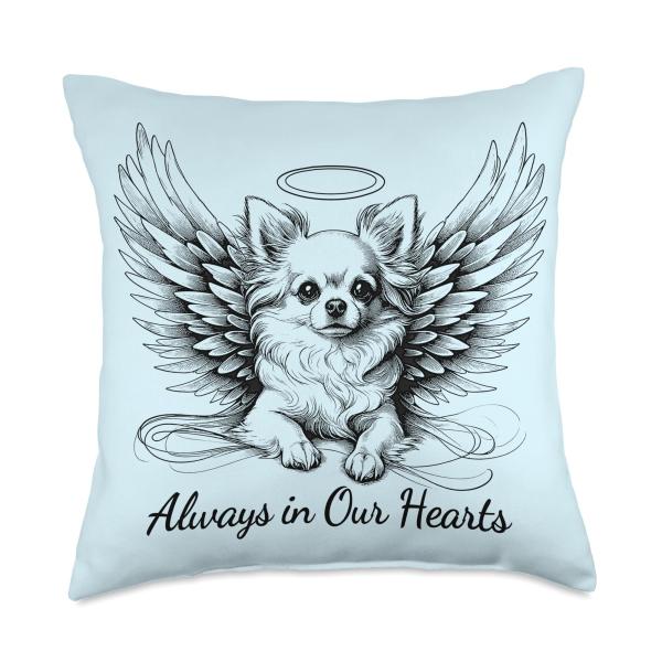 ・Pet Memorial design. Pet loss memorial line art of long hair chihuahua with wings for dog mom and dad grieving for thei...