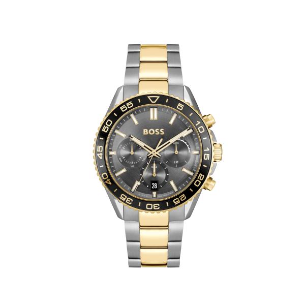 ・A rotating bezel with an aluminum insert defines the BOSS Runner, a sporty chronograph from BOSS Watches with a bold di...