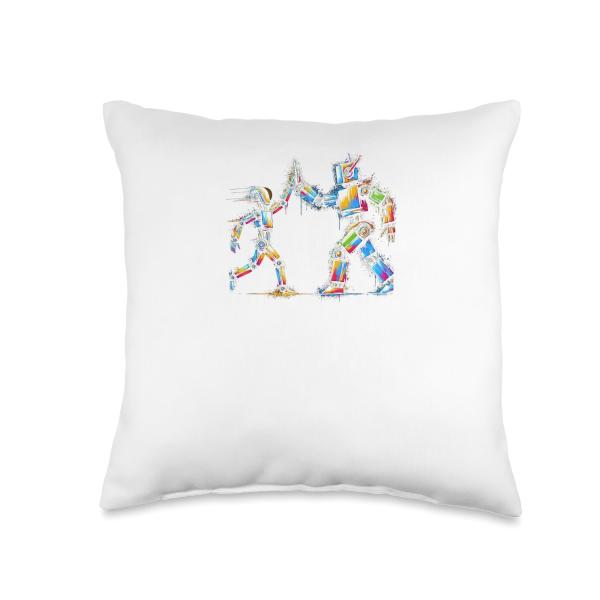 ・A one-of-a-kind illustration featuring two cartoon robots sharing a high-five; one is tall and slender, while the other...