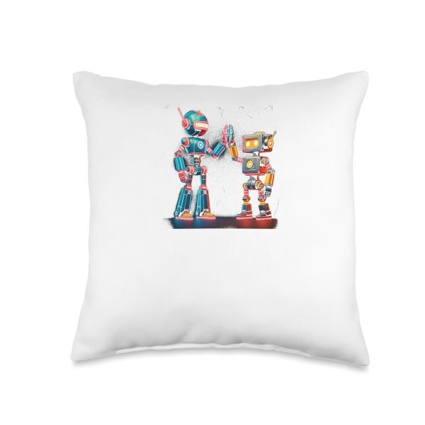・A one-of-a-kind illustration featuring two cartoon robots sharing a high-five; one is tall and slender, while the other...
