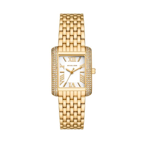 ・SOPHISTICATED STYLE: 27mm Emery Michael Kors watch featuring a white sunray dial, three-hand movement and gold-tone sta...