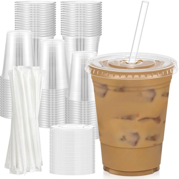 ・【100 Pack Cups + Lids + Straws】: This value package includes 100 plastic cups, 100 tight-fit lids and 100 straws, great...