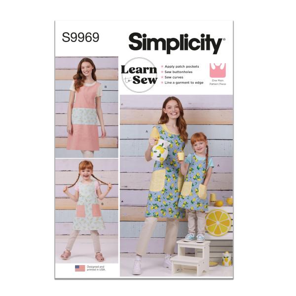 ・Simplicity のパターンキットです。縫製テンプレート・サイズ表・パターンピース・説明書・推奨生地の選び方が含まれています。・子供・大人共通でサイズS〜Lに対応します。・ボタン付き肩ひものリバーシブル膝下丈クロスバックエプロン。メイ...