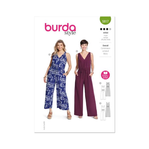 ・Burdaパターンキットには、パターンピース、ステップバイステップの図解説明書、生地・トリムの選び方、サイズ情報が含まれています。\n・ミセスサイズ10-22（36-48）対応。\n・深いVネックとポケット付きの実用的なジャンプスーツ、ま...