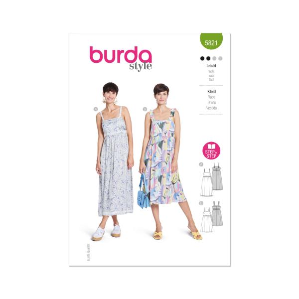・Burdaパターンキットには、パターンピース、ステップバイステップの図解説明書、生地・トリムの選び方、サイズ情報が含まれています。\n・ミセスサイズ8-18（34-44）対応。\n・ガーデンパーティーや夏の結婚式に最適なドレスです。ストラ...