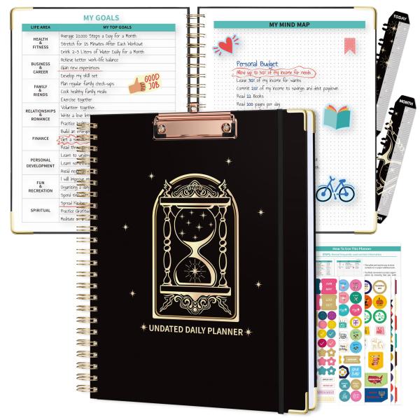 ・Undated Clear Layout: With 12 blank months and 53 weeks, a 7 AM to 8 PM daily schedule section, and additional sections...