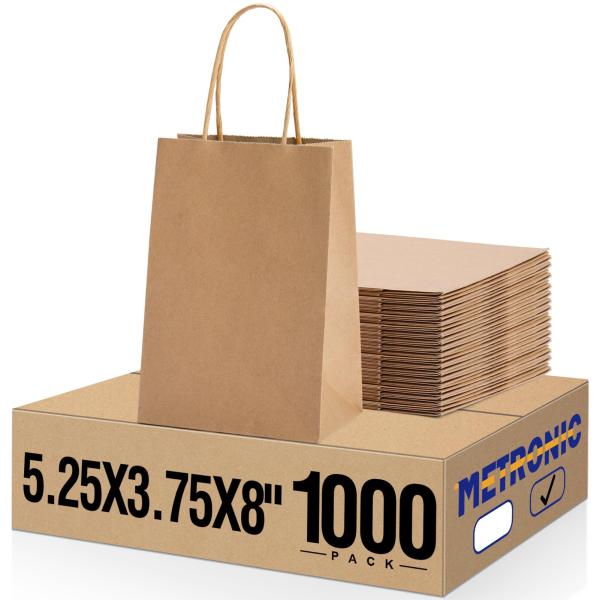 100gsmのブラウンクラフト紙製ラッピング袋、1000枚大容量パックです。サイズは約13×9×20cm（Sサイズ）。補強底付きで最大約1.8kgまで対応。再生紙使用でリサイクル可能。ギフト袋・パーティー記念品・テイクアウト用など幅広く活用...