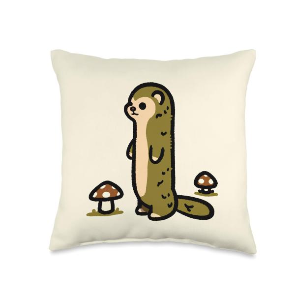 ・This kawaii vector illustration features an adorable weasel standing amidst forest mushrooms and moss. The happy and co...