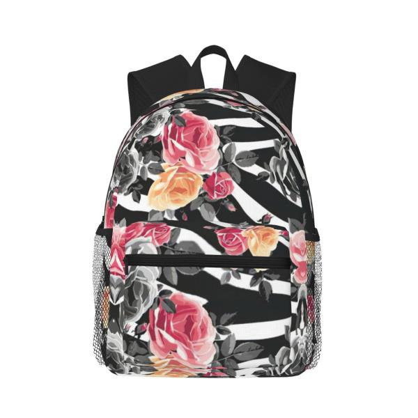・Size Guide] The Roses Flower Floral Zebra Stripes Print Backpack Measures15.7" X 11.4" X 7.8"(40x 29 X 20cm),Provide En...