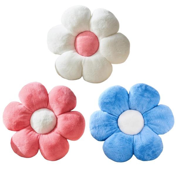 ・素材:フラワーピロー15.7インチホワイトピンクブルー3個入り。このフラワーピローはハイイミテーションラビットファーカバーで作られており、ふわふわポリエステルを詰めています。柔らかく暖かい手触りです。・花型デザイン:デイジーフラワーの形を...