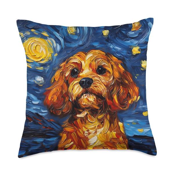 ・キャバプー（Cavapoo）をモチーフにした星月夜アートデザイン。愛犬家・犬好きへのギフトに。・スパンポリエステル100%生地・両面プリント仕様・ポリエステル100%中綿使用、縫い閉じタイプ・一つひとつ手作業でカット＆縫製・部分洗い／ドラ...