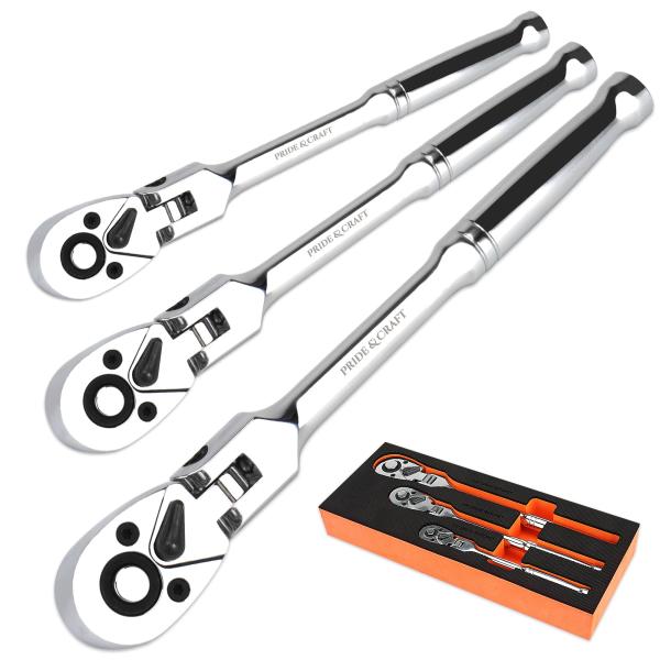 ・Socket Wrench Set: 3 Piece flex head ratchet set includes 1/4 inch ratchet, 3/8 inch ratchet and 1/2 inch ratchet to op...