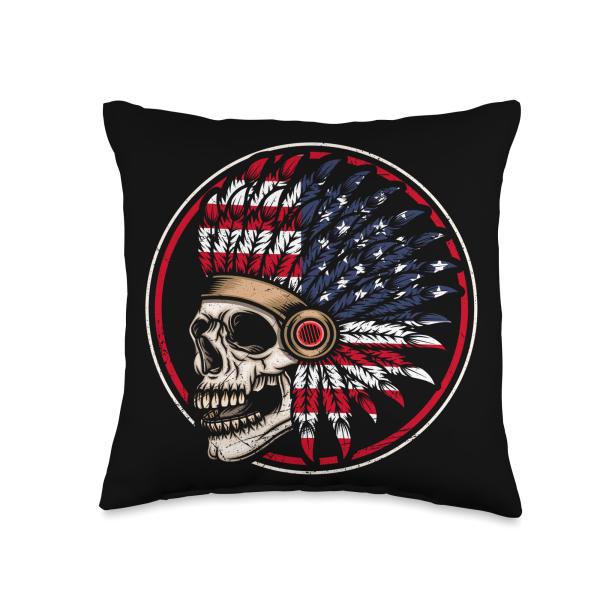 ・This unique skull headdress design combines the patriotic spirit of american flag with intricate Native American elemen...