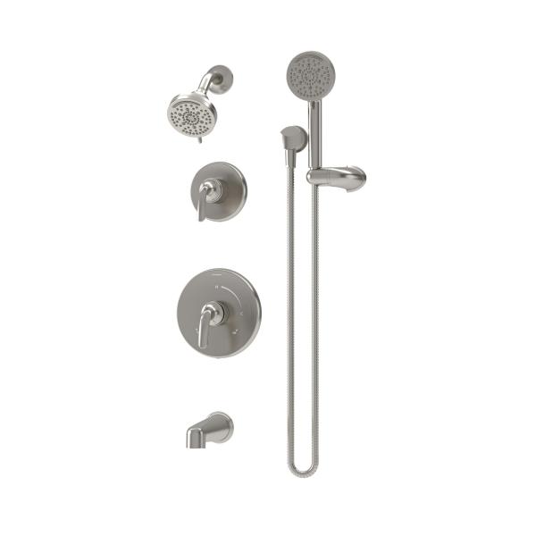 ・Showerhead, escutcheons, handles, hand shower, hose, and tub spout・Elm tub/shower trim with hand shower and two lever h...