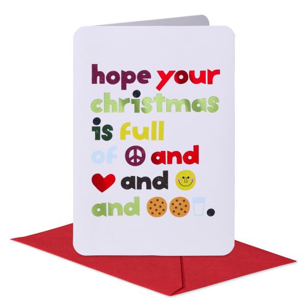 ・フロントメッセージ:クリスマスがいっぱい(PEACE EMOJI)、(ハート絵文字)、(SMILE EMOJI)、(クッキー/ミルク絵文字)でいっぱいになることを願っています。・内側のメッセージ:そして多分もっと2つ(COOKIE EMO...