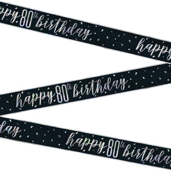 ・AGE-80 DESIGN: This banner features a bold and joyful 'Happy 80th Birthday' message in an eye-catching black glitz pris...