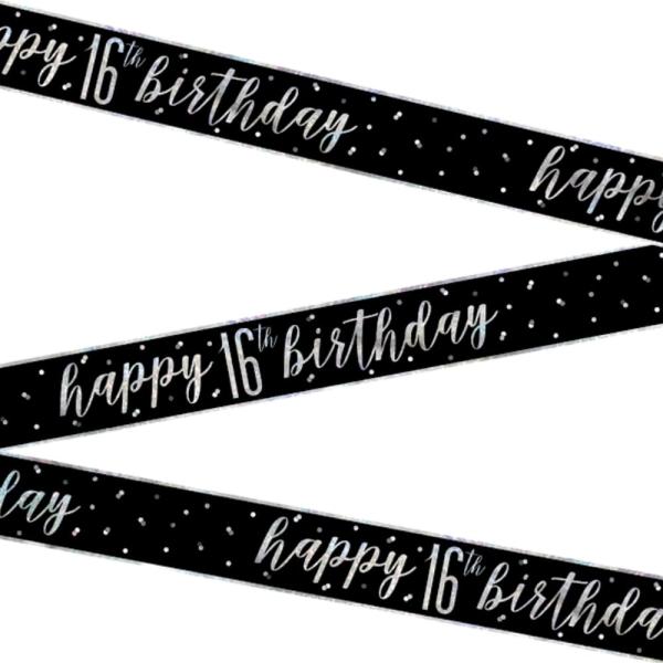 ・AGE-16 DESIGN: This banner features a bold and joyful 'Happy 16th Birthday' message in an eye-catching black glitz pris...