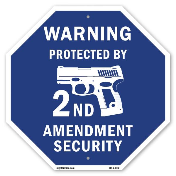 SignMission製の八角形プラスチックサイン（6インチ×6インチ、約15cm×15cm）。「Warning - Protected By 2nd Amendment Security（警告・合衆国憲法修正第2条（銃所持権）による防衛）...