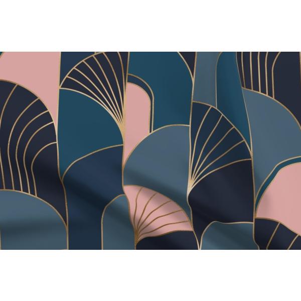 Spoonflower のコットンポプリン生地。ファットクォーターカット（約21in×18in）。綿100%の細密織り。1920年代グラマーなアールデコ×扇形スカラップ幾何学プリント、ブルー×ピンクのボールドな配色。キルト・シャツ・スカート...