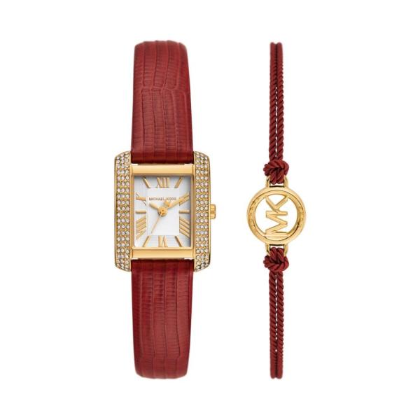 ・Michael Kors' Emery gift set features a red cord bracelet with MK logo charm and a 22mm watch featuring a white sunray ...