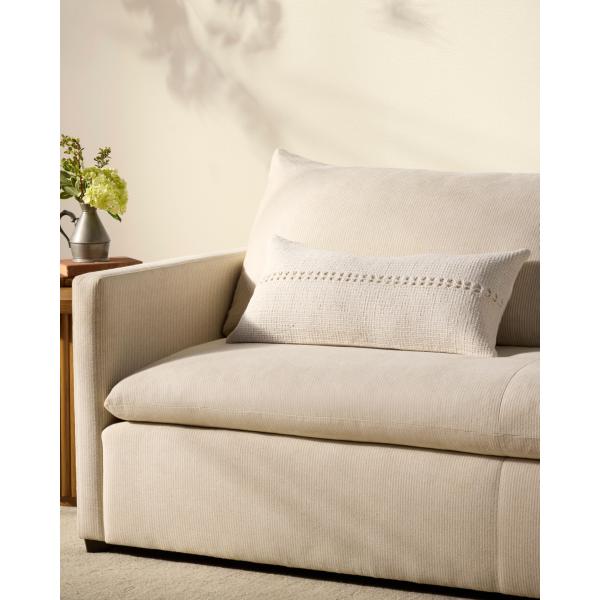 ・Woven Decorative Pillow: Harvey is a neutral ivory throw pillow with a textured, woven stripe across its center; design...