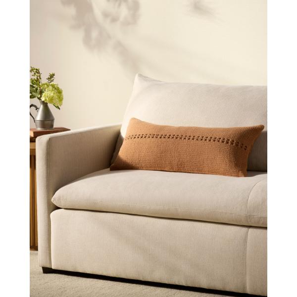 ・Woven Decorative Pillow: Harvey is a muted orange throw pillow with a textured, woven stripe across its center; designe...