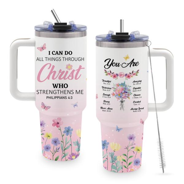 ・Christian Gift for Women: This 40 oz Christian tumbler with handle features uplifting Bible verses, designed to inspire...