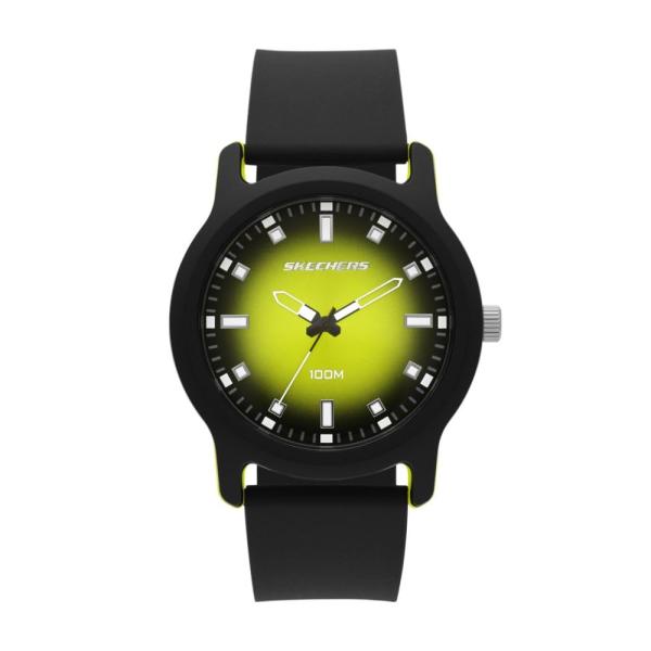 ・The Skechers Ostrom quartz analog watch features a black and bright green dual-tone plastic case with degrade dial and ...