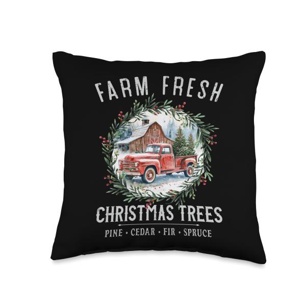 ・Farm Fresh Christmas Trees holiday watercolor style retro red pickup truck tree and red barn the ultimate Christmas vib...