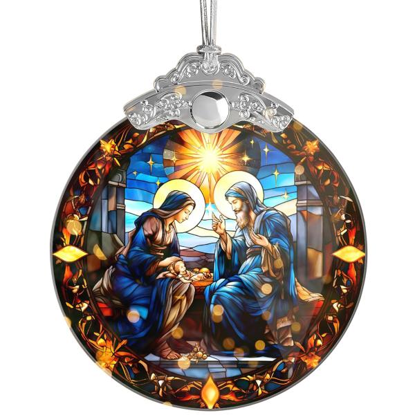 ・? Beautiful Nativity Scene - Depicts Mary, Joseph, and baby Jesus in a radiant stained-glass style, celebrating the mir...