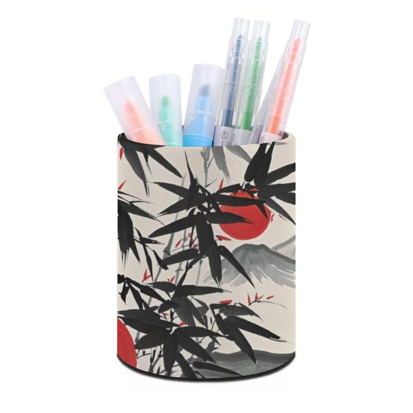 ・Pen Holder Material: The Ink Painting of Red Sun And Mountains pen cup holder is made of quality PU leather, beautiful ...