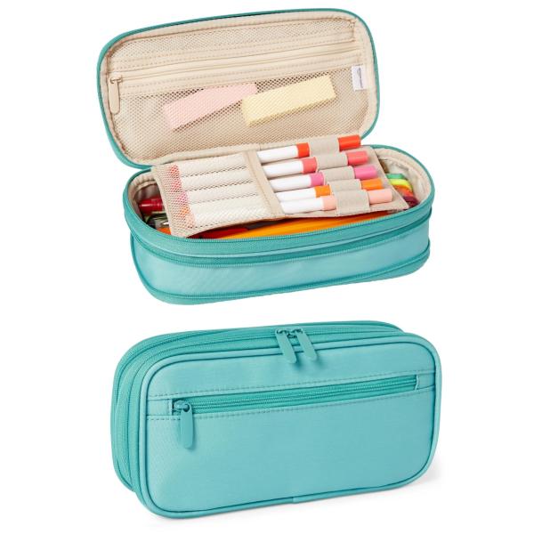 ・AMPLE STORAGE SPACE: Roomy pencil case in cyan mild color designed to hold school supplies, makeup essentials, and vari...