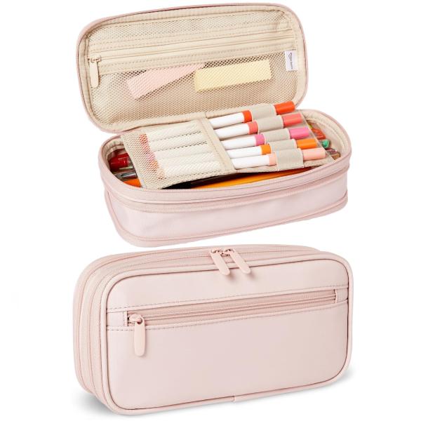 ・AMPLE STORAGE SPACE: Roomy pencil case in rose mild color designed to hold school supplies, makeup essentials, and vari...