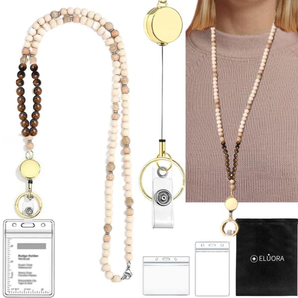 ・Cute Retractable Badge Lanyard A stylish accessory made from natural wood, perfect for holding badges and keys, designe...