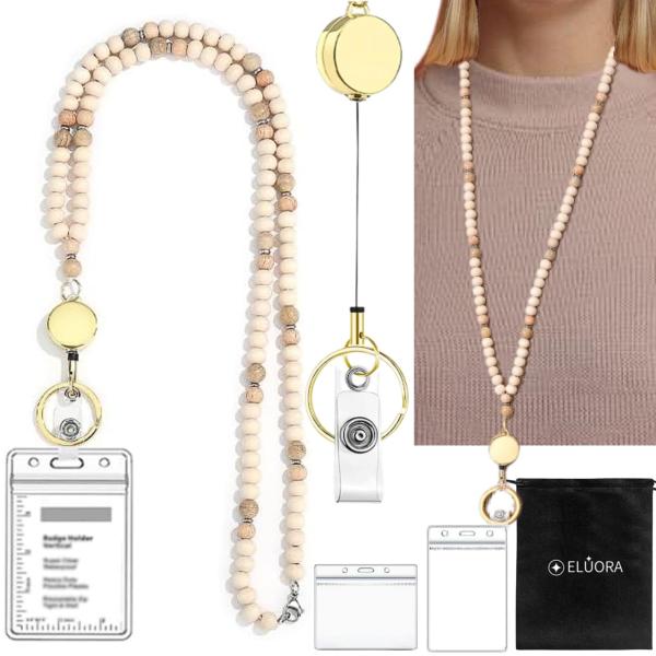 ・Cute Retractable Badge Lanyard A stylish accessory made from natural wood, perfect for holding badges and keys, designe...