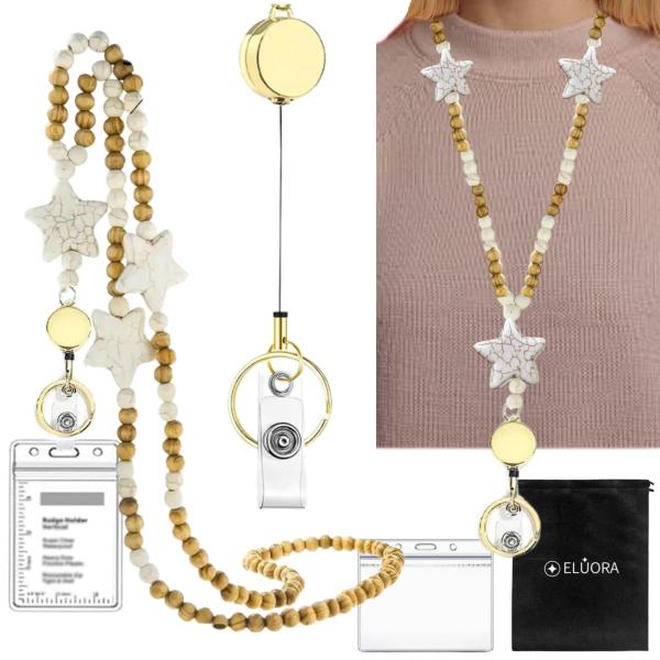 ・Cute Retractable Badge Lanyard A stylish accessory made from natural wood, perfect for holding badges and keys, designe...