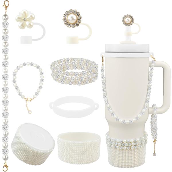 ・White Pearl Set Accessories for Stanley Cup: This cup accessory for stanley 30/40oz tumbler features white pearls and m...
