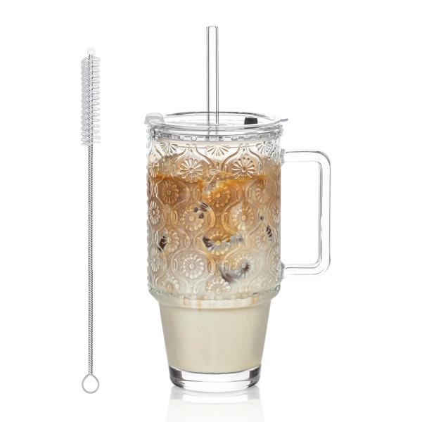 ・Stylish Ribbed Design: This 24oz glass tumbler features a unique ribbed texture that adds a touch of sophistication to ...