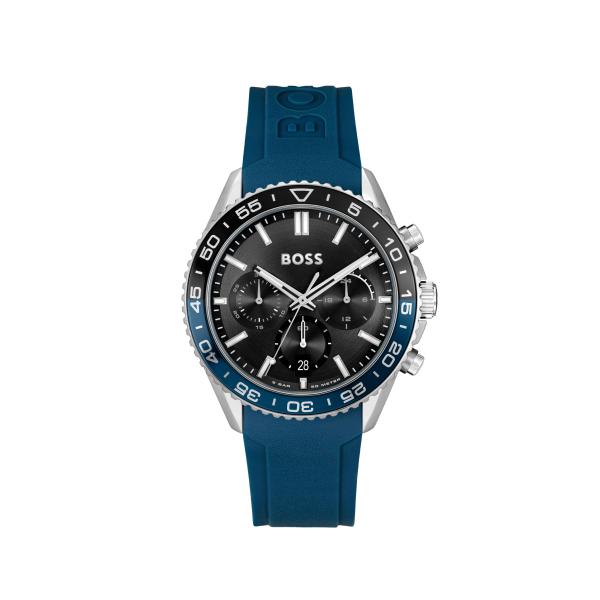 ・The BOSS Runner is a sporty chronograph with a bold diver's aesthetic. It features a rotating bezel with an aluminum in...
