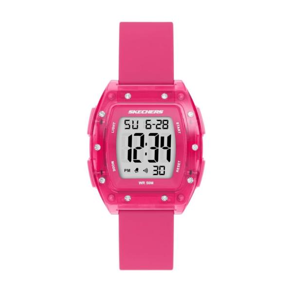 ・Features abound in this 37mm digital watch from Skechers. The bright pink silicone strap ensures all-day comfort, while...