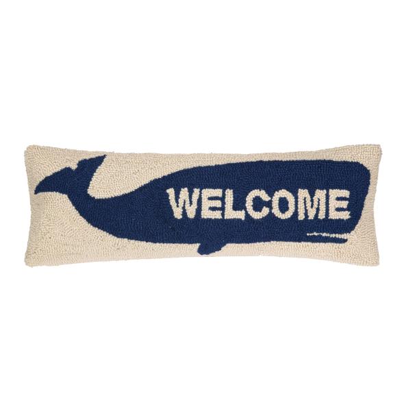 ・Welcome guests in style with this charming Welcome Whale Pillow! Featuring a hand-hooked wool face with a bold blue wha...