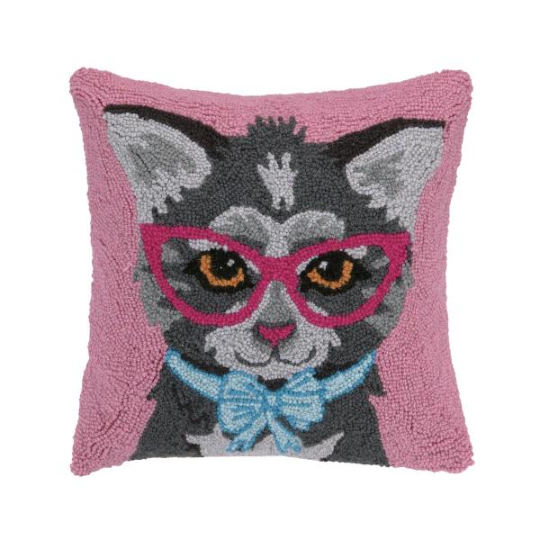 ・Add a touch of whimsy to your decor with this charming pillow featuring a stylish cat wearing pink glasses and a bow ti...
