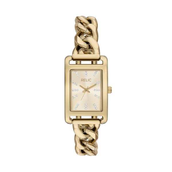 ・Elevate your style with this Relic Astrid watch. Its rectangular gold-tone metal case houses a radiant sunray dial, bro...