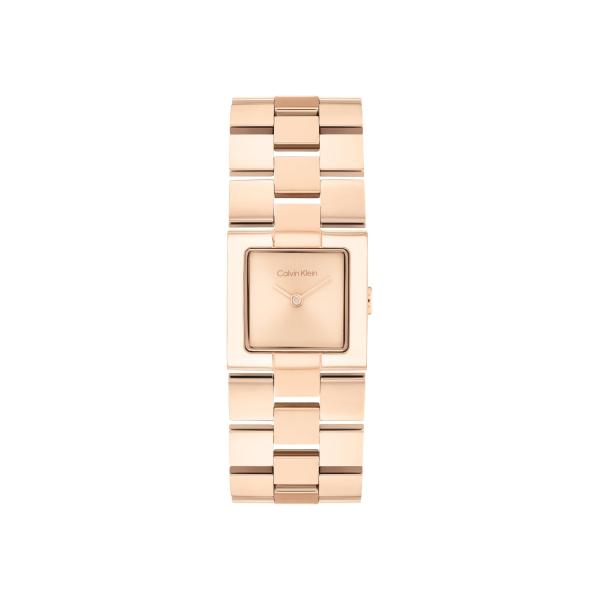 ・The CK Meridian features a bold square-shaped case and a jewelry-inspired grid link bracelet, creating a striking patte...