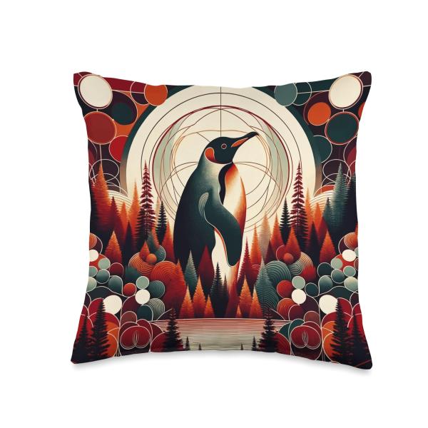 ・Unique red orange maroon penguin in a forest geometric abstract 1970s illustration pattern, perfect for penguin lovers ...