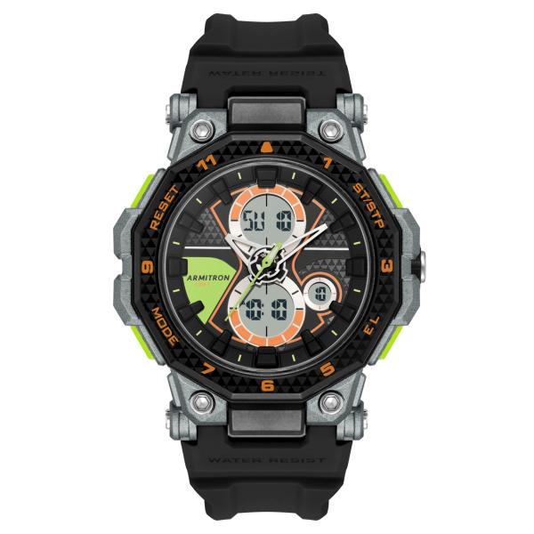 ・Black textured resin case and top ring・Analog-digital display with time, seconds, day and date・Functions include: chron...