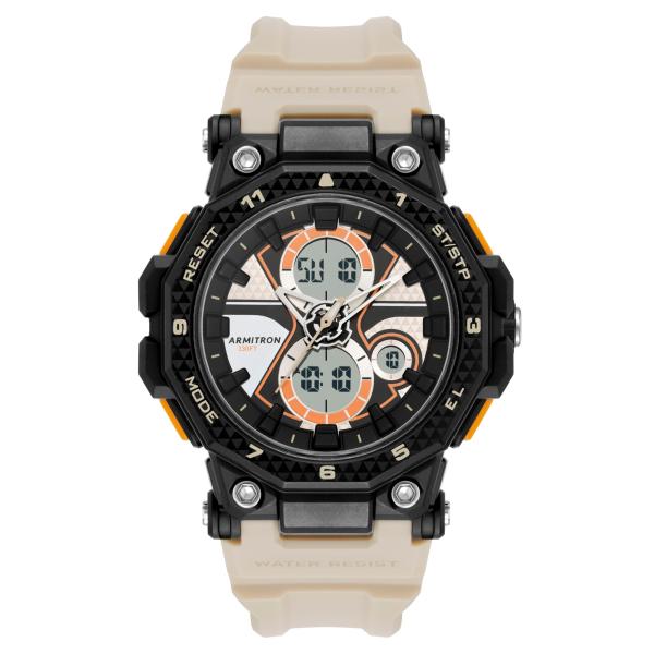 ・Black textured resin case and top ring・Analog-digital display with time, seconds, day and date・Functions include: chron...