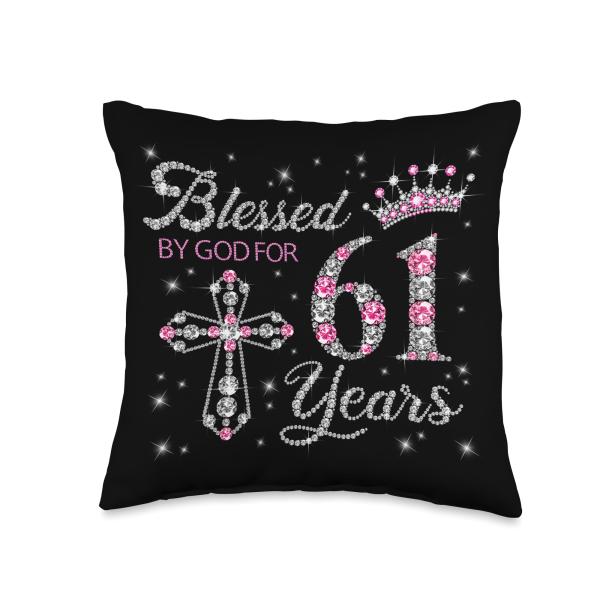 ・Blessed by God For 61 Years Fabulous Girly Crown 61st Birthday gifts Tees for women, ladies. This glamorous design is a...